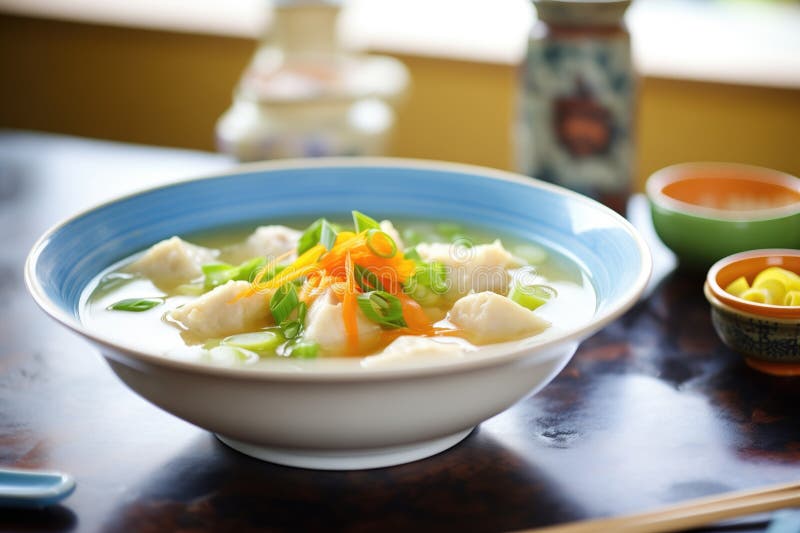 Close Field of Fresh Dumplings in a Soup with Vibrant Broth Stock Image ...
