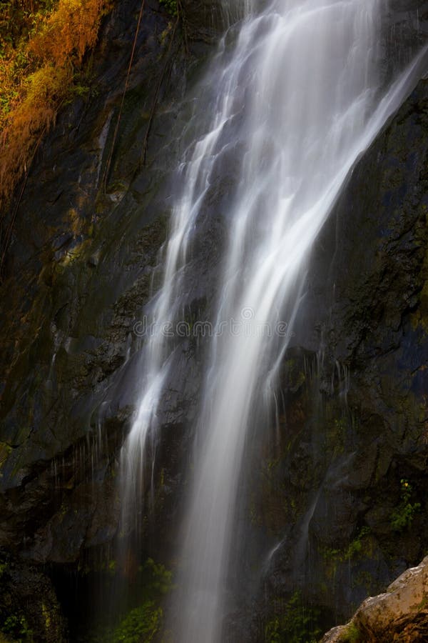 Close Focus on Smooth Flowing Water from High Rock Waterfall Stock ...
