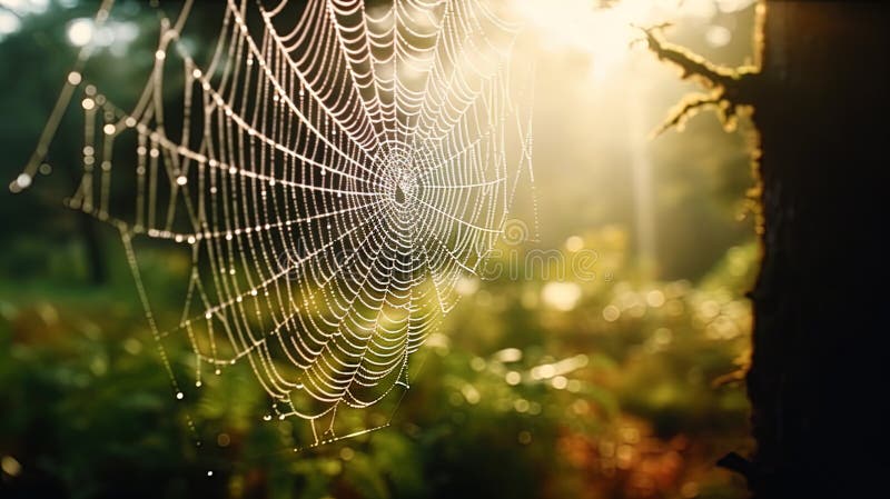 A Close Frame Covered with Dew a Spider Web in the Morning Forest Stock ...