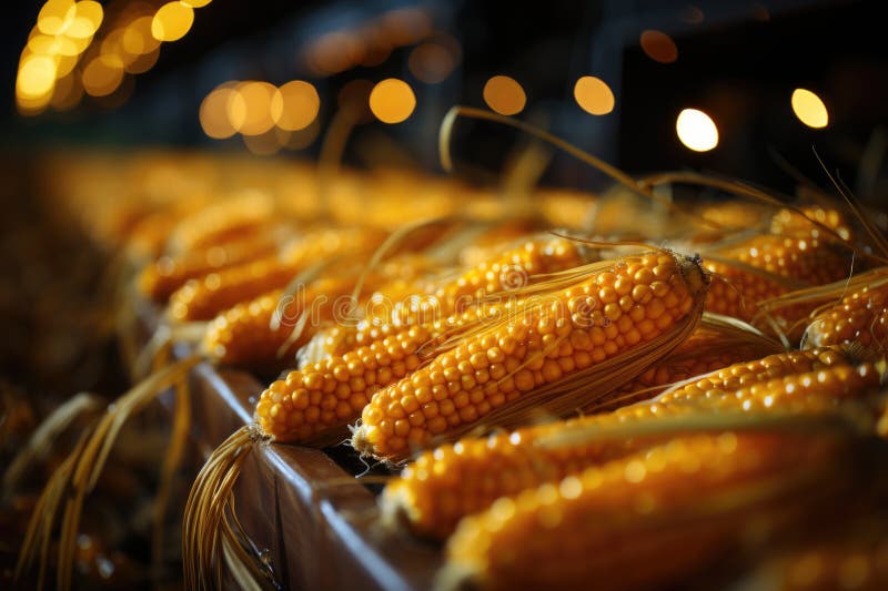 Close of Golden Corn Grains in the Tractor. in the Blurred Bottom ...