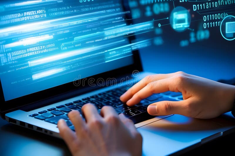 Close Hand View on Laptop with Digital Coding Stock Illustration ...