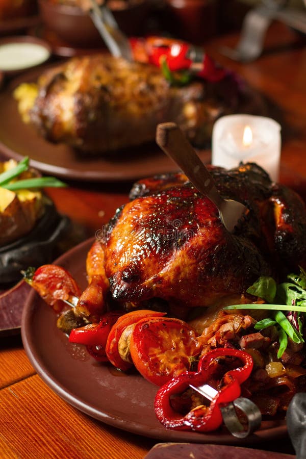 Close Image of Chicken in Medieval Style on Table Stock Photo - Image ...