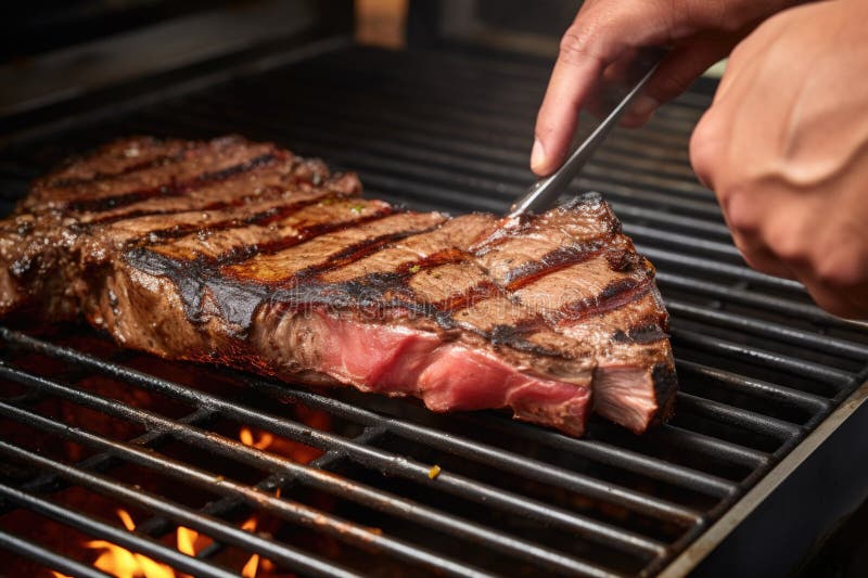 Close Image of a Person Checking the T-bone Steak on Grill Stock Image ...