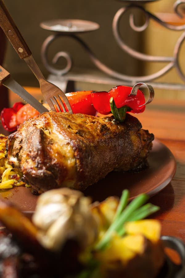 Close Image of Pork in Medieval Style on Table Stock Photo - Image of ...