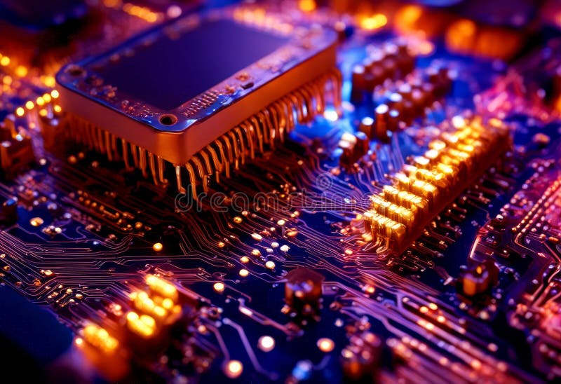 Close Interior Computer Neon Circuit Detail Board Lights Microchip ...