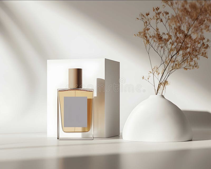 Close Large Perfume Bootle with Label on the Table and White Box with ...