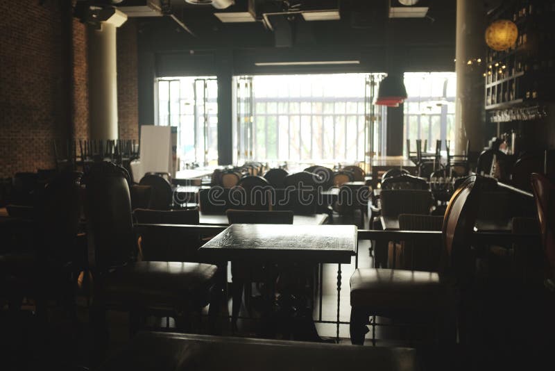 Close Loft Style Bar Interior With Wooden Style, Bar Chairs, Bricks ...