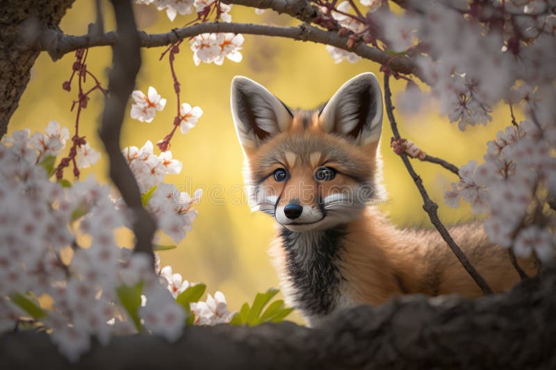 Close Look of Baby Fox Under Cherry Blossom Tree Stock Illustration ...