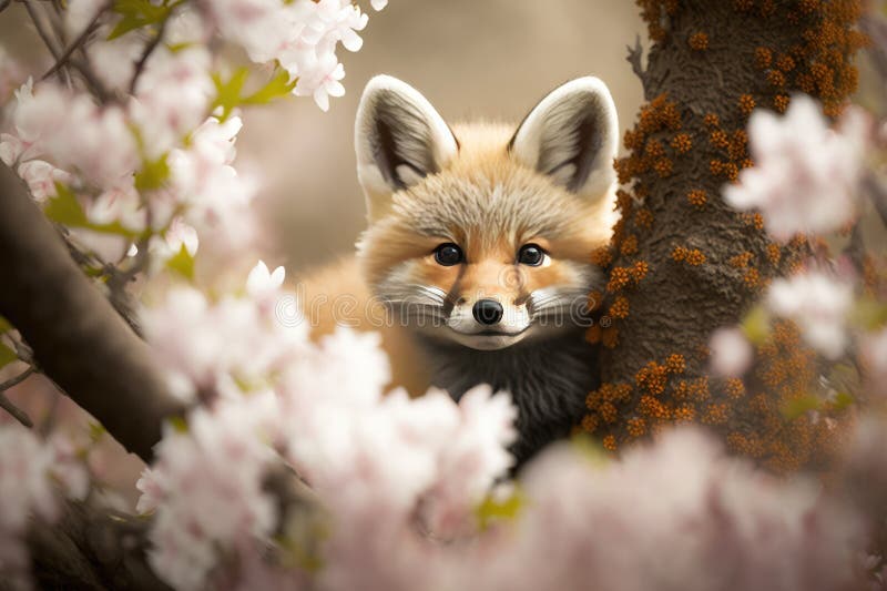Close Look of Baby Fox Under Cherry Blossom Tree Stock Illustration ...