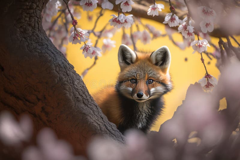 Close Look of Baby Fox Under Cherry Blossom Tree Stock Illustration ...
