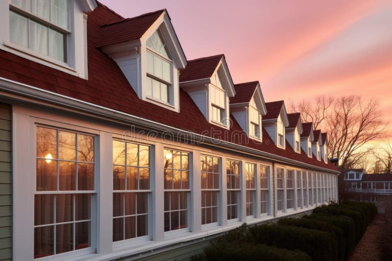 Close Look of Dormer Windows in Row on Dutch Colonial Home at Sunset ...