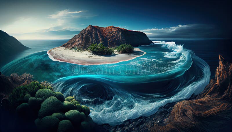 Close Look of Ocean Huge Wave in Island AI Generative Stock ...