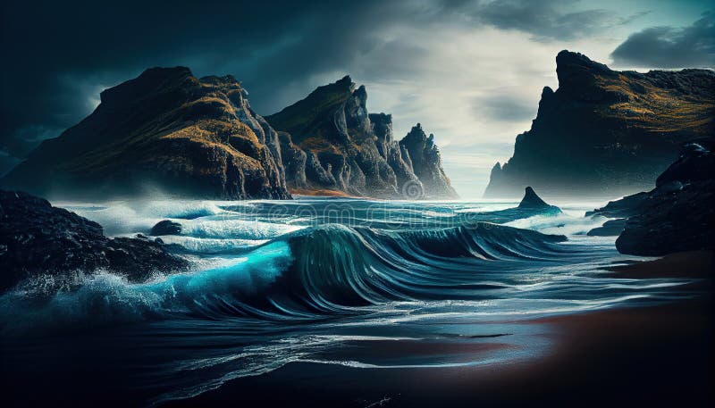 Close Look of Ocean Huge Wave in Island AI Generative Stock ...