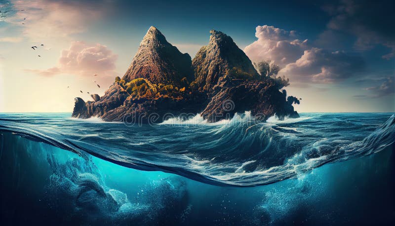 Close Look of Ocean Huge Wave in Island AI Generative Stock ...