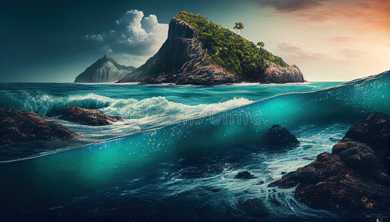 Close Look of Ocean Huge Wave in Island AI Generative Stock ...