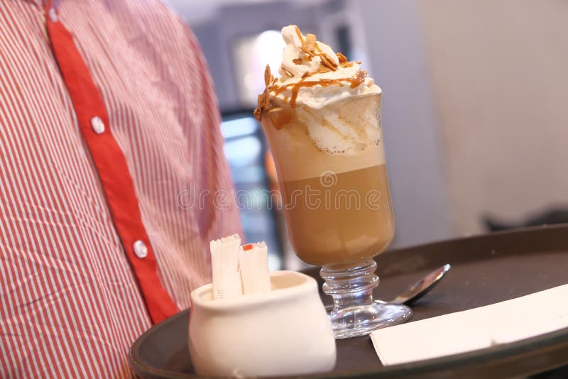 Close of Man Serving Coffee at Cafe Restaurant Stock Photo - Image of ...