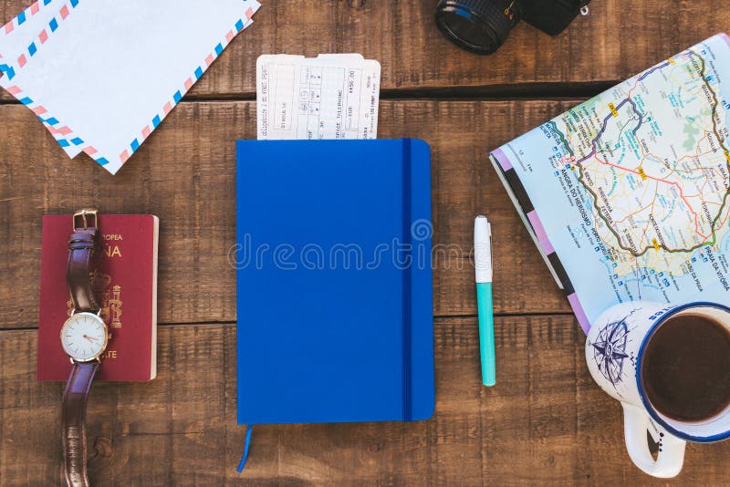 Close Notebook on a Table To Plan a Trip and Write Down Ideas Stock ...