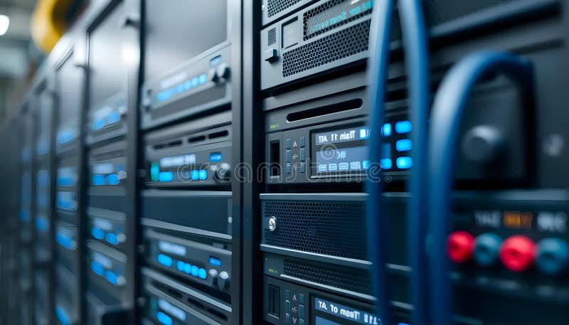 A Close Perspective of a Data Server Room Full of Equipment Stock ...