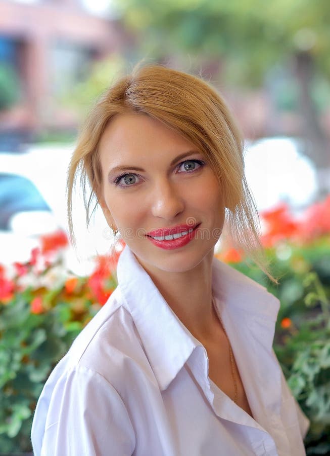 Close Portrait With Lady Girl Smiling Looking At Camera In White Shirt