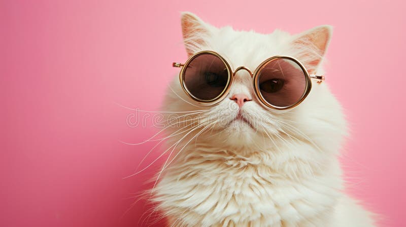 Close Portrait Of White Furry Cat In Fashion Sunglasses Generative Ai