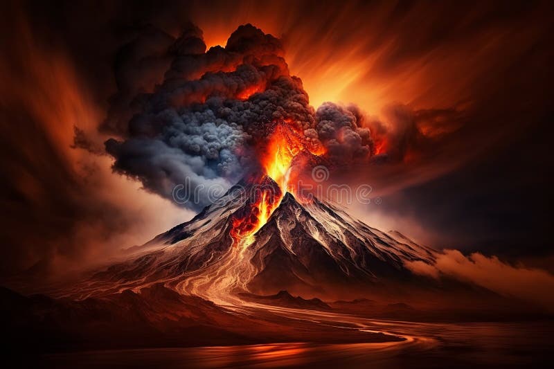 Close Range Long Exposure of Volcano Eruption. Generative AI Stock ...