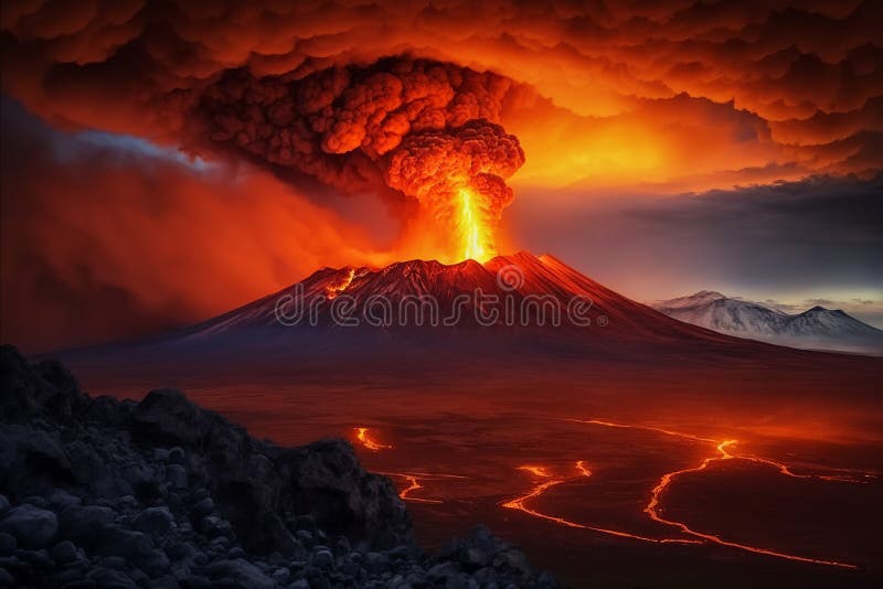 Close Range Long Exposure of Volcano Eruption. Generative AI Stock ...