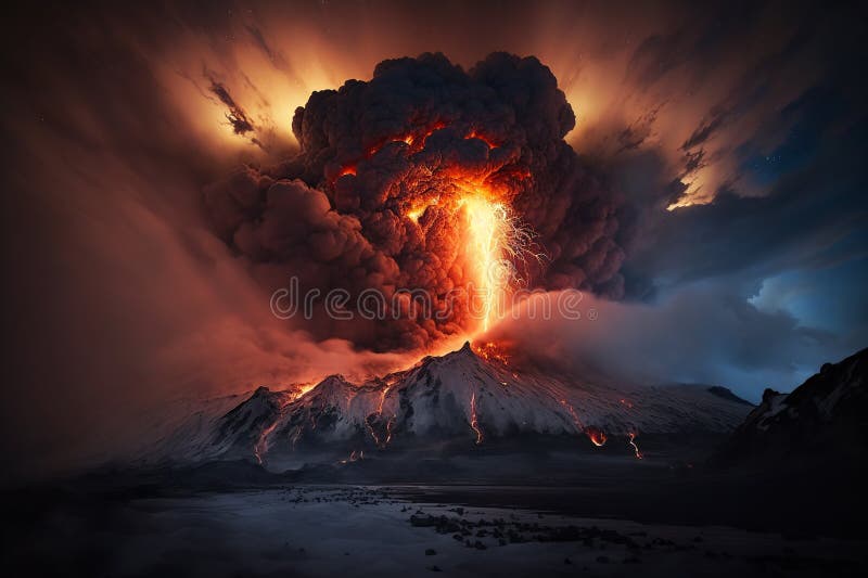 Close Range Long Exposure of Volcano Eruption. Generative AI Stock ...