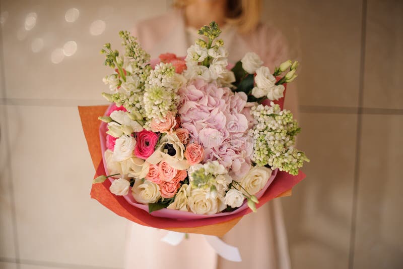 Close Shot of Bouquet of Roses in Pink Wrapping Stock Photo - Image of ...
