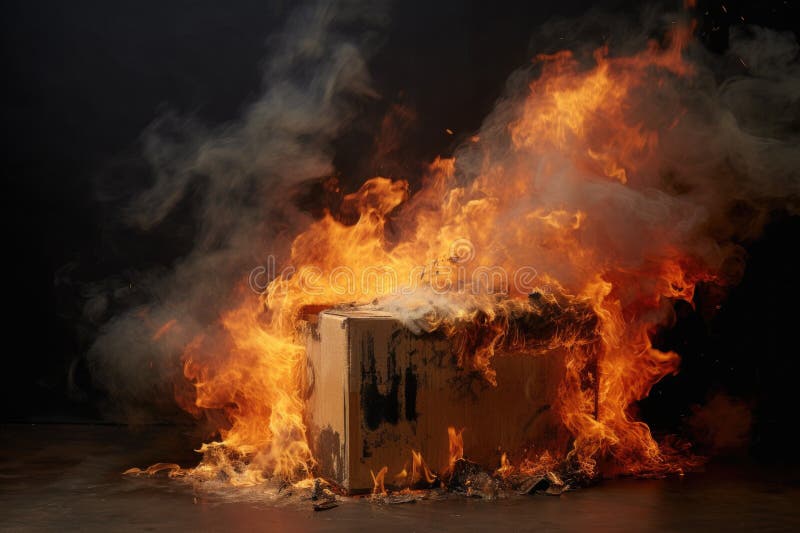 A Close Shot of a Burning Cardboard Box, Flames and Smoke Visible Stock ...