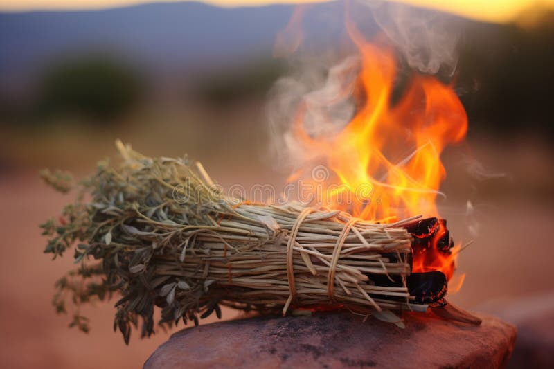 Close Shot of a Burning Sage Bundle Stock Illustration - Illustration ...