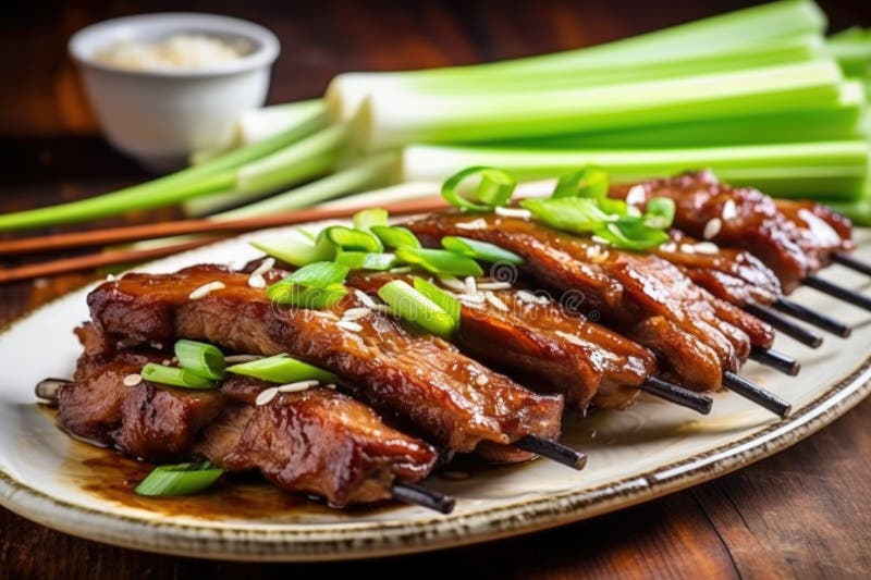 Close Shot of Glazed Pork Ribs Garnished with Spring Onions Stock Photo ...