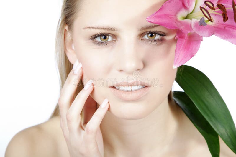 Close Shot with Nice Face and Pink Flowers Stock Photo - Image of ...