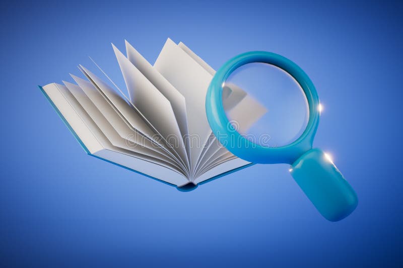 Close Study of the Book. an Open Book and a Magnifying Glass on a Blue ...