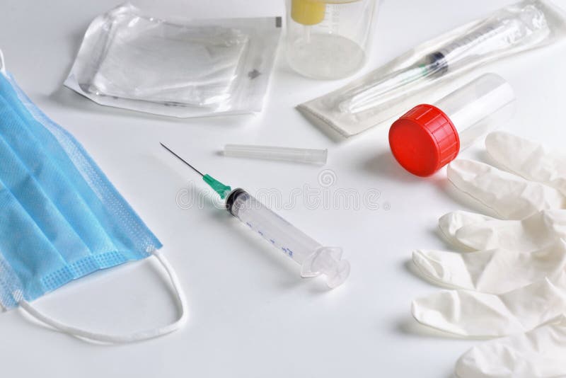 Needle among Pharmacy Equipment and a Face Mask Stock Image - Image of ...