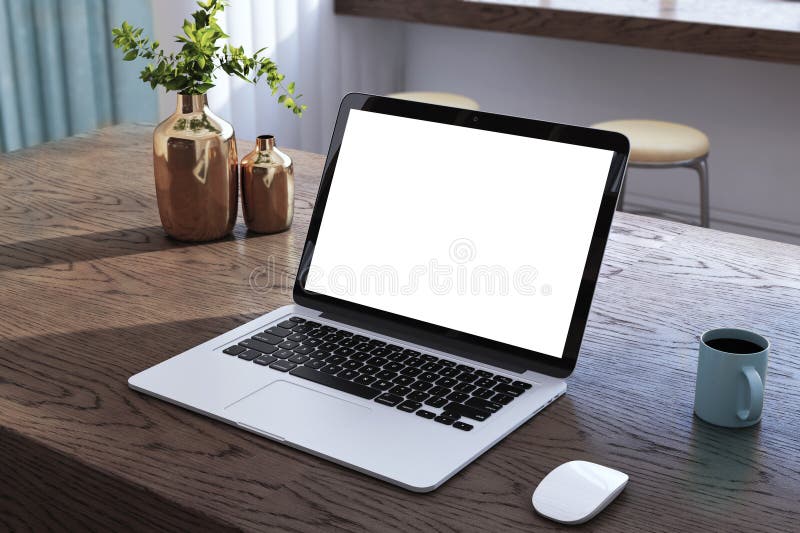 Close U of Creative Designer Desktop with Empty White Mock Up Laptop ...