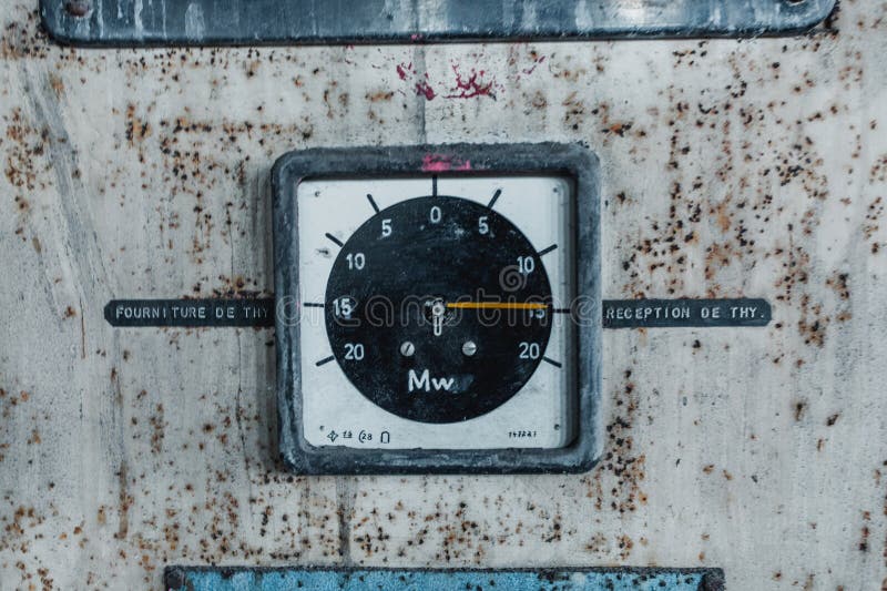 Abandoned Factory Control Panel with Dusty Pressure Gauges Stock Photo ...