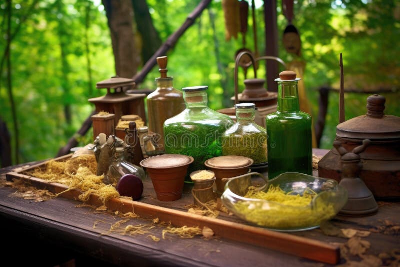 Close-up of Absinthe-making Ingredients on Picnic Table Stock ...