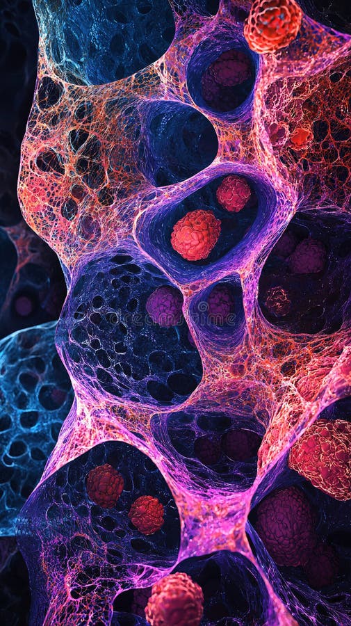 Close-up of Abstract Golden Cells with Blue and Pink Layers on a Dark ...