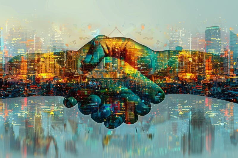Close-up of Abstract Handshake with Digital Pattern on a Modern City ...