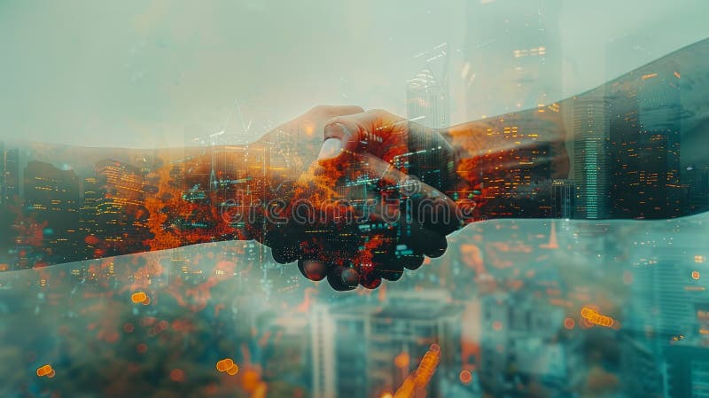 Close-up of Abstract Handshake with Digital Pattern on a Modern City ...