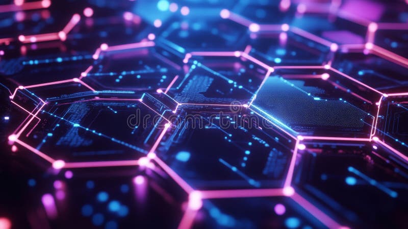 Abstract Neon Hexagonal Tech Grid with Glowing Lights and Digital ...
