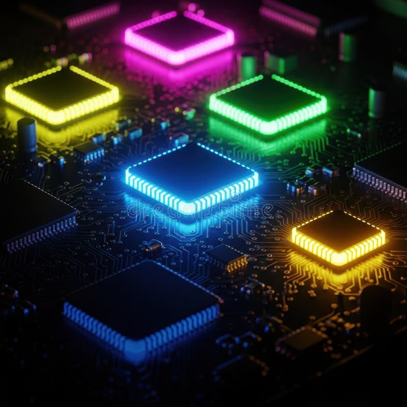Vibrant Neon Circuit Board with Glowing CPUs Stock Illustration - Illustration of chip, modern ...