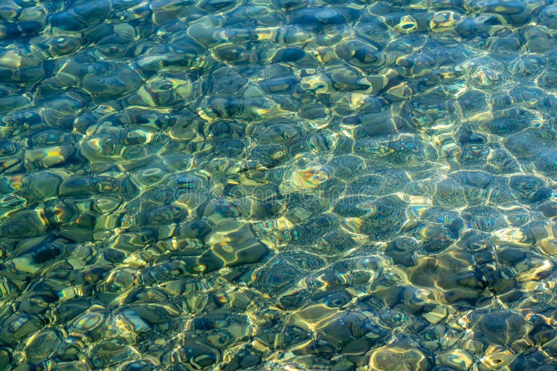 Close Up Abstract View of Teal Water, Shallow, Ripples with Pebbles and ...