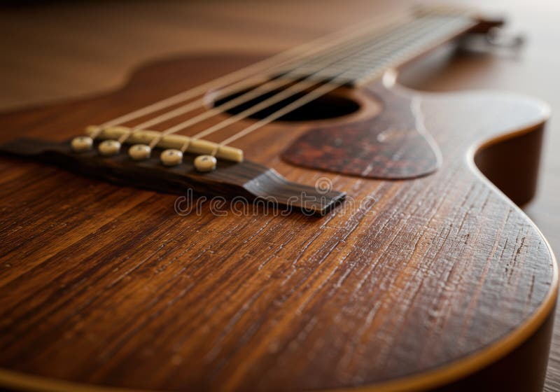 Close-up of Acoustic Guitar Strings and Wooden Texture in Warm Light ...