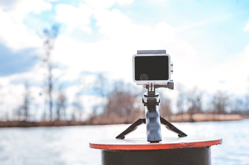 Action Camera Tripod Stands Pier River Lake Sky Background Trees Stock ...