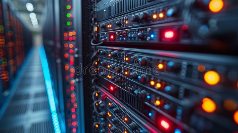 Close-Up of Active Network Servers with Glowing LEDs Stock Illustration ...