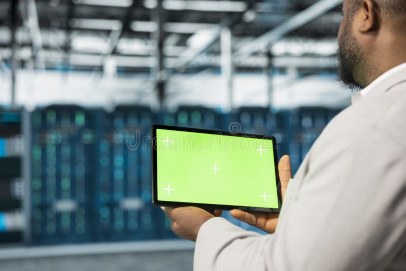 Close Up of Admin in Data Center Using Green Screen Tablet To Manage Systems Stock Image - Image ...