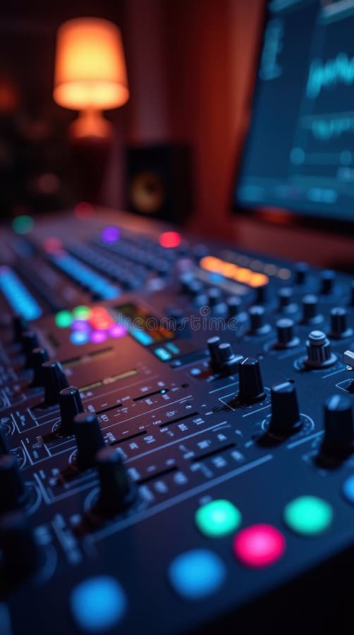 Close-Up of Advanced Audio Mixing Console in a Dimly Lit Studio Setup ...