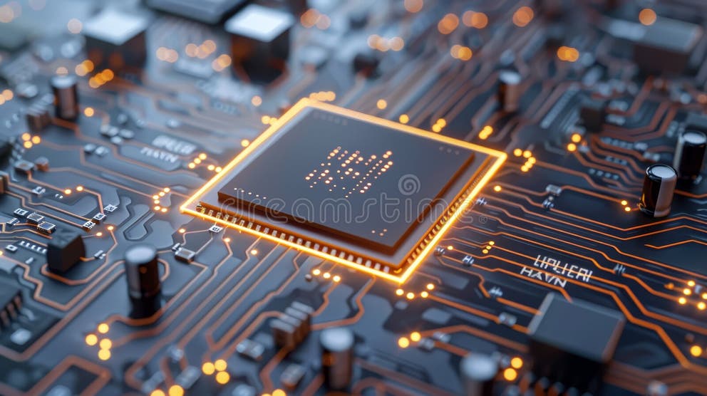 Close-up of Advanced Circuit Board with Glowing Chip Stock Illustration ...