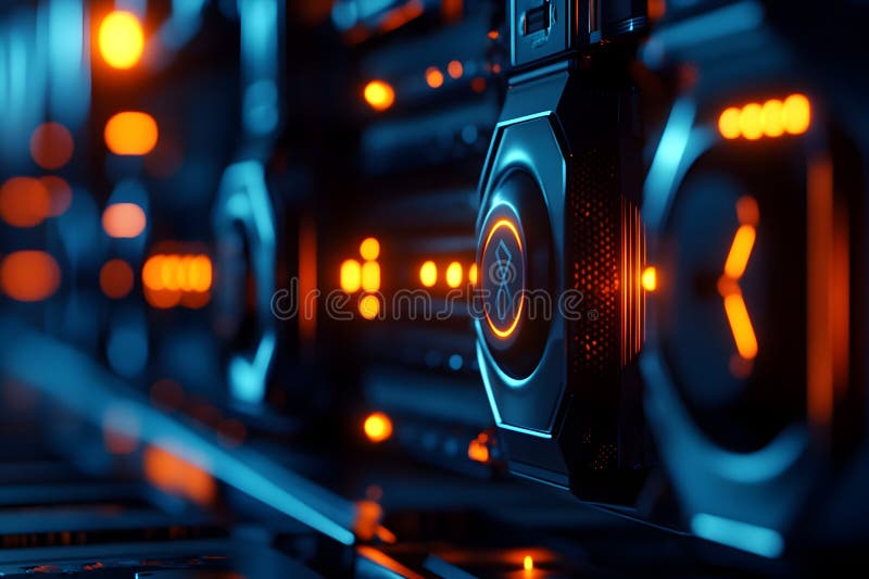 Close-up of Advanced Graphics Cards with Blue and Orange Lighting Stock ...